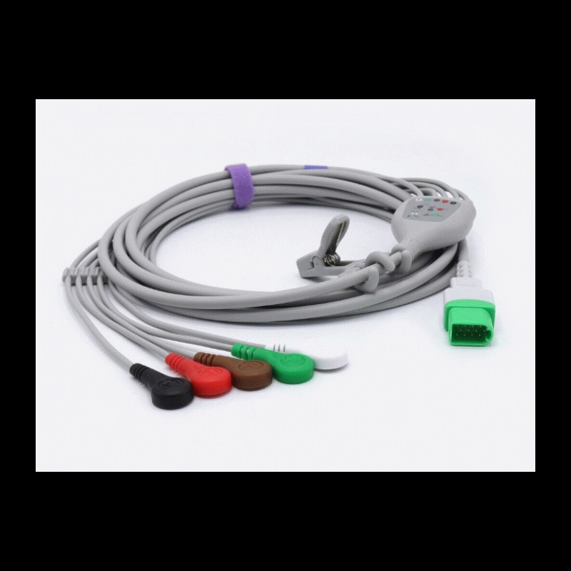 Mindray Compatible 12 Pin ECG EKG Cable with 5 Leads Snap Cables ...